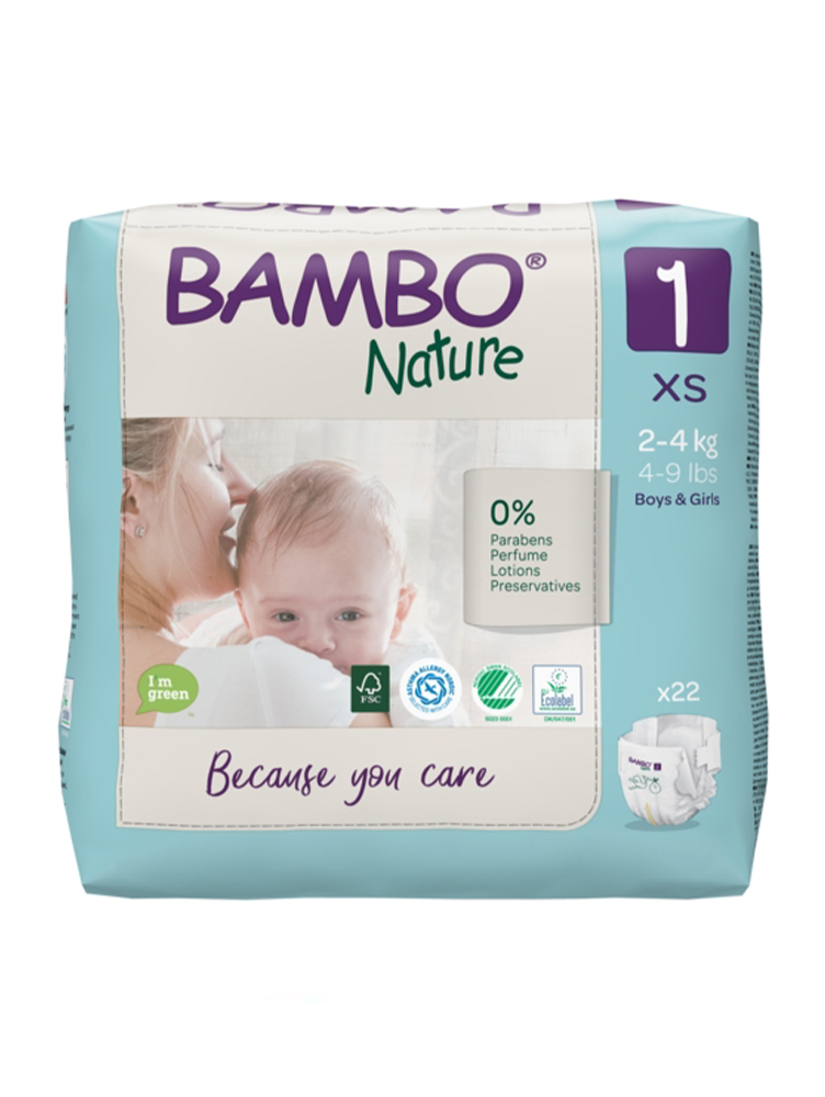 Eco-Friendly 1 XS pelene za bebe 2-4 kg, Bambo Nature, 22 komada