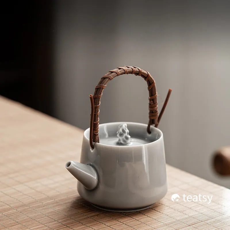 [SALE]“Withered Rock”Hand-made Ice-gray Glaze Ceramic Teapot With Overhead Wooden Handle