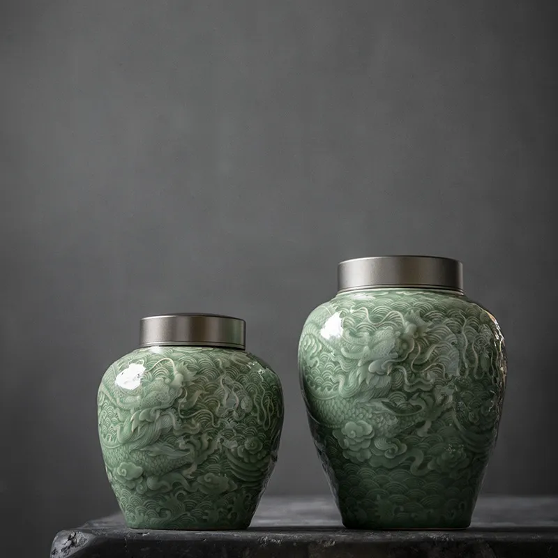 [SALE]Hand-embossed Antique Style Dragon & Phoenix Pattern Celadon Tea Canister