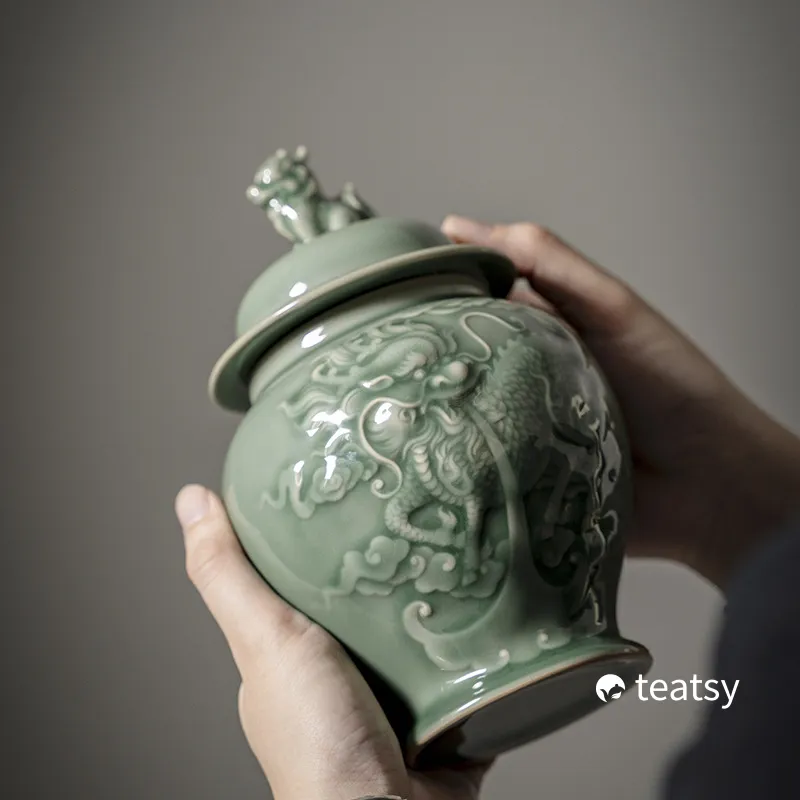 [SALE]Hand-embossed Antique Style Dragon Pattern Celadon Tea Canister