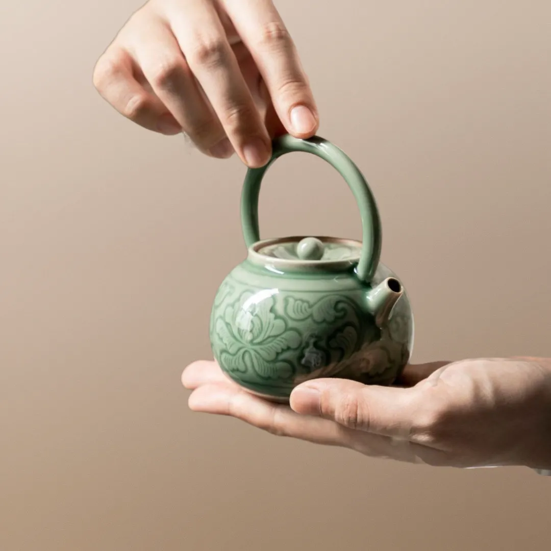 [SALE]“Peony” - Hand-embossed Antique Style Yue Klin Celadon Teapot
