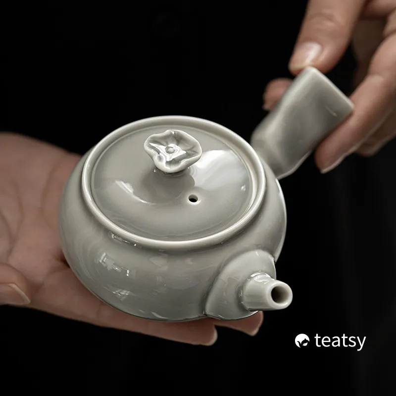 [SALE]“Lotus Rhyme” Handmade Ice-gray Glaze Ceramic Teapot With Side Handle