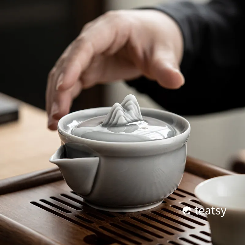 [SALE][Buy 1 Get 1 Free]“Mountain Silhouette”Handmade Ice-gray Glaze Ceramic Easy Brew Gaiwan