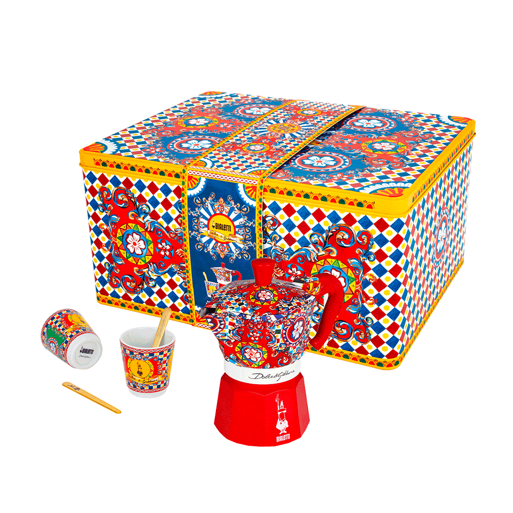 Bialetti and Dolce & Gabbana Sicilian – Box Moka Express 2 cups, 2 porcelain cups and 2 golden stirrers