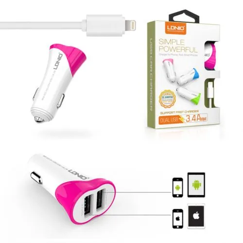 Auto punjac LDNIO C332 dual USB 3.4A sa iPhone lightning kablom pink