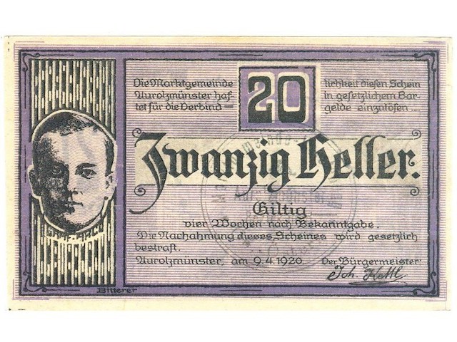 Austrija marktgemeinde 20 heller 1920 aUNC notgeld