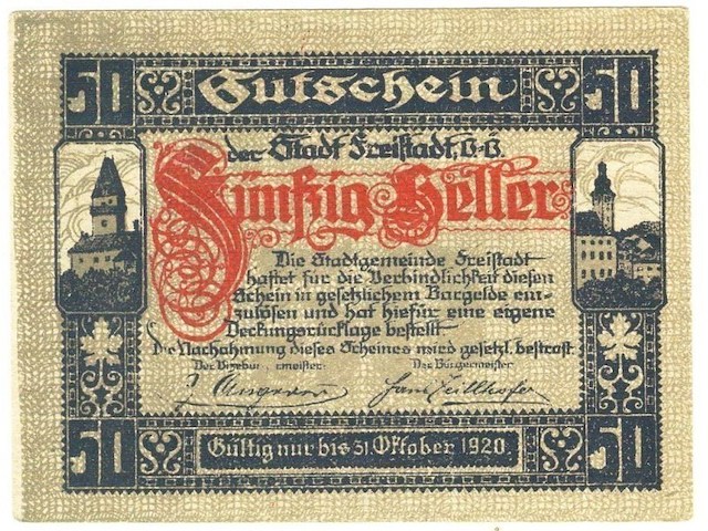 Austrija 50 heller 1920 UNC notgeld Freistadt