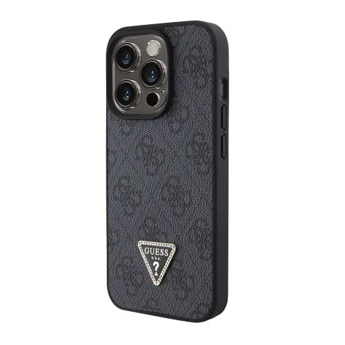 Futrola - maska GUESS Leather 4G Case Triangle Metal Logo With Strass za iPhone 15 Pro (6.1) crna Full Original (GUHCP15LP4TDPK) (MS)