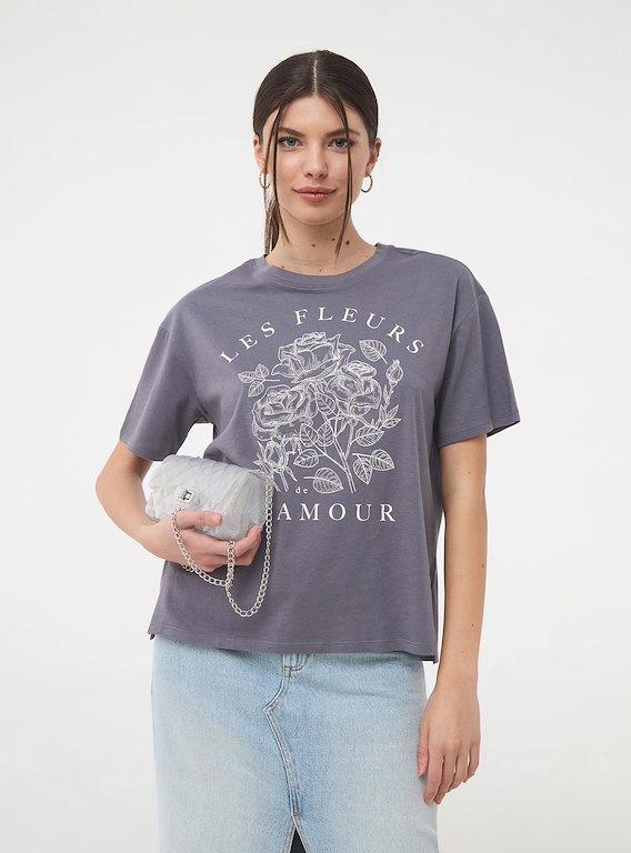 Velika majica sa printom ruže Siva