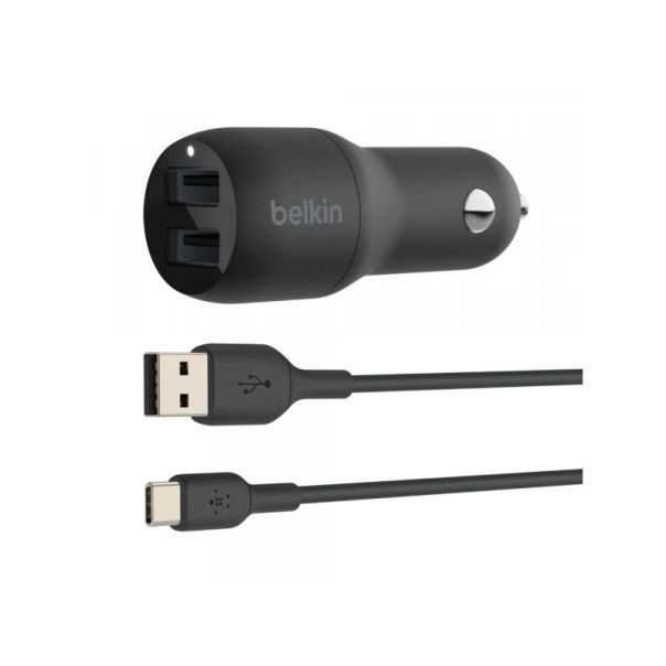 BELKIN Auto punjač CCE001BT1MBK 2xUSB-A+kabl USB-A na USB-C, crna