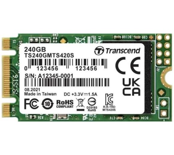 Transcend - 240GB, M.2 2242, PCIe Gen3x4, NVMe, SATA3 B+M Key, TLC, DRAM-less, Read up to 500MB/s, Write up to 430 MB/s, Single-sided