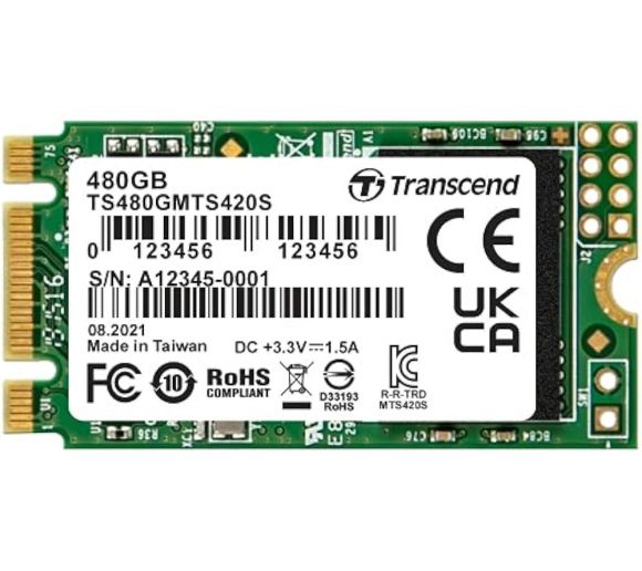 Transcend - 480GB, M.2 2242, PCIe Gen3x4, NVMe, SATA3 B+M Key, TLC, DRAM-less, Read up to 530MB/s, Write up to 480 MB/s, Single-sided