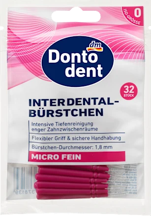Dontodent
Interdentalne četkice micro fein s drškom (ø 1,8 mm) – ISO veličina 0, 32 kom