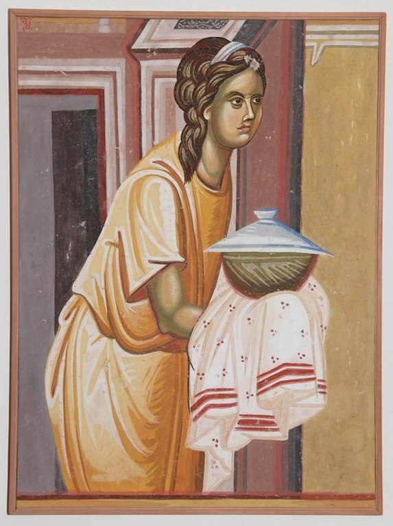 Kraljeva crkva, Rodjenje Bogorodice, detalj- Devojka sa darovima, kopija freske