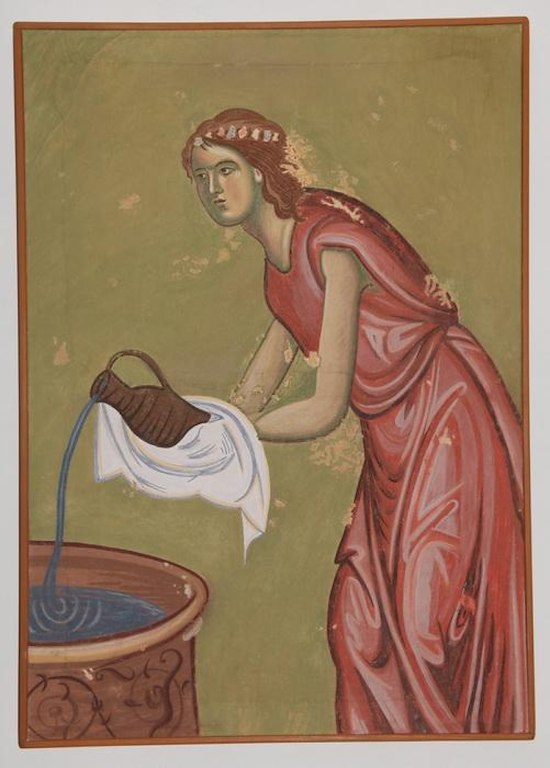 Sopocani, Rodjenje Hrista, detalj- Devojka koja kupa dete, kopija freske