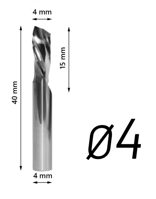 Jednopero CNC glodalo za plastiku 4mm, prihvat 4mm, ukupna dužina 40mm FUL 310A.040