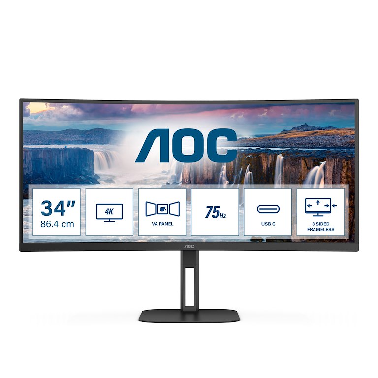 Monitor AOC CU34V5C/BK 34"/VA,zakrivljen,21:9/3440x1440/100Hz/1ms MPRT/HDMI,DP,USB/visina/zvučnici