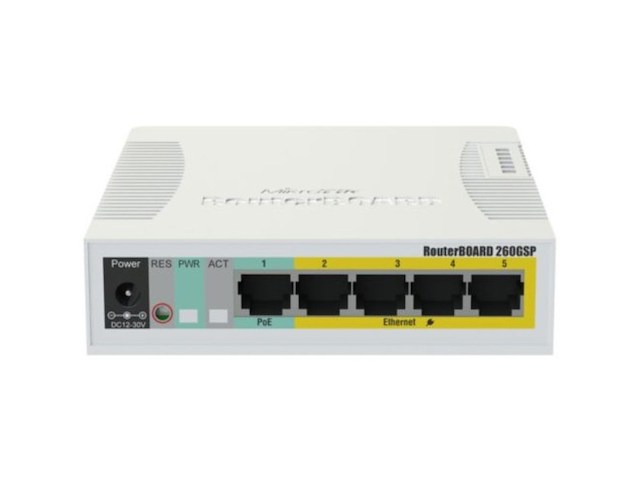 MikroTik RB260GSP, Switch, CSS106-1G-4P-1S, 5x RJ45 1000Mb/s, 1x SFP, 4x Passive PoE (55)