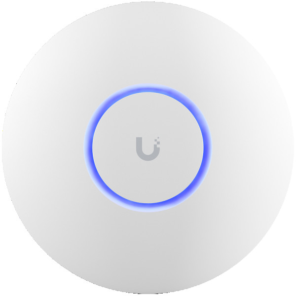 Ubiquiti U6+ access point. WiFi 6 model with throughput rate of 573.5 Mbps at 2.4 GHz and 2402 Mbps at 5 GHz. No POE injector included. UI