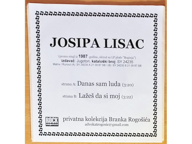 SP JOSIPA LISAC - Danas sam luda (1987) promo PERFEKTNA