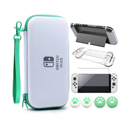 Nintendo Switch OLED Carrying Hard Case + transparentana zaštita + staklo + thumb grips (zelena)