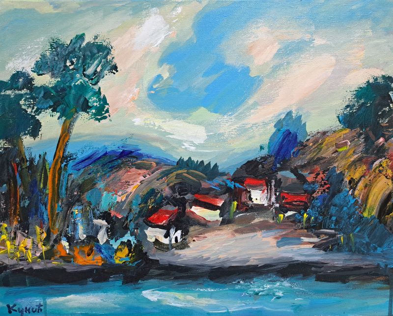 Kuće kraj reke, ulje na platnu, Dragan Kunić, sertifikat, 40×50 cm, 22420 dinara