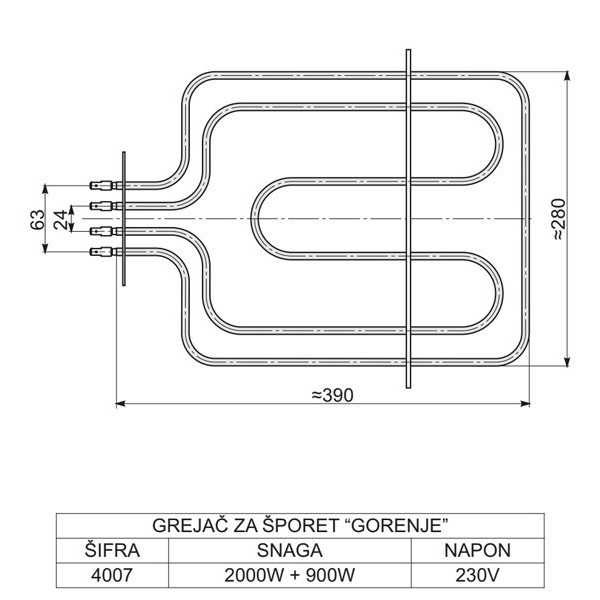 GREJAČ RERNE 900W+2000W 230VAC GORENJE 4007