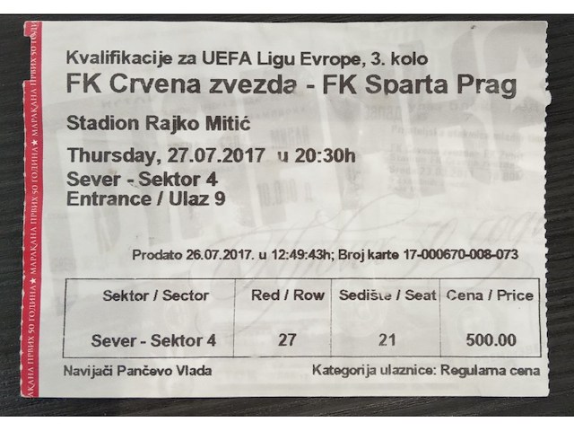 FUDBAL: CRVENA ZVEZDA - SPARTA (Prag) 27.07.2017
