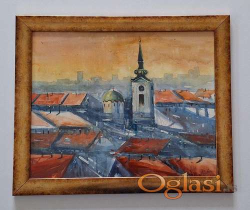 Slika - Krovovi grada, tehnika akvarel.