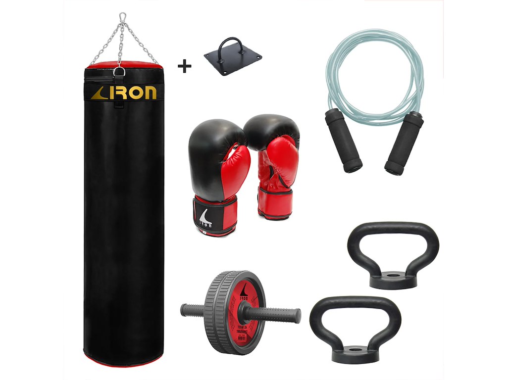 Borilačka kombinacija "Rocky"/ Iron Sport džak za boks 150x35cm, dupli točak za trbušnjake, sklekeri ergonomik, vijača sa drškom, box rukavice