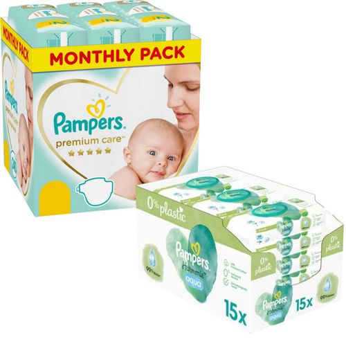 Pampers Premium Care mesečno pakovanje pelena + Pampers vlažne maramice Harmonie Aqua Plastic Free 15X48 XXL