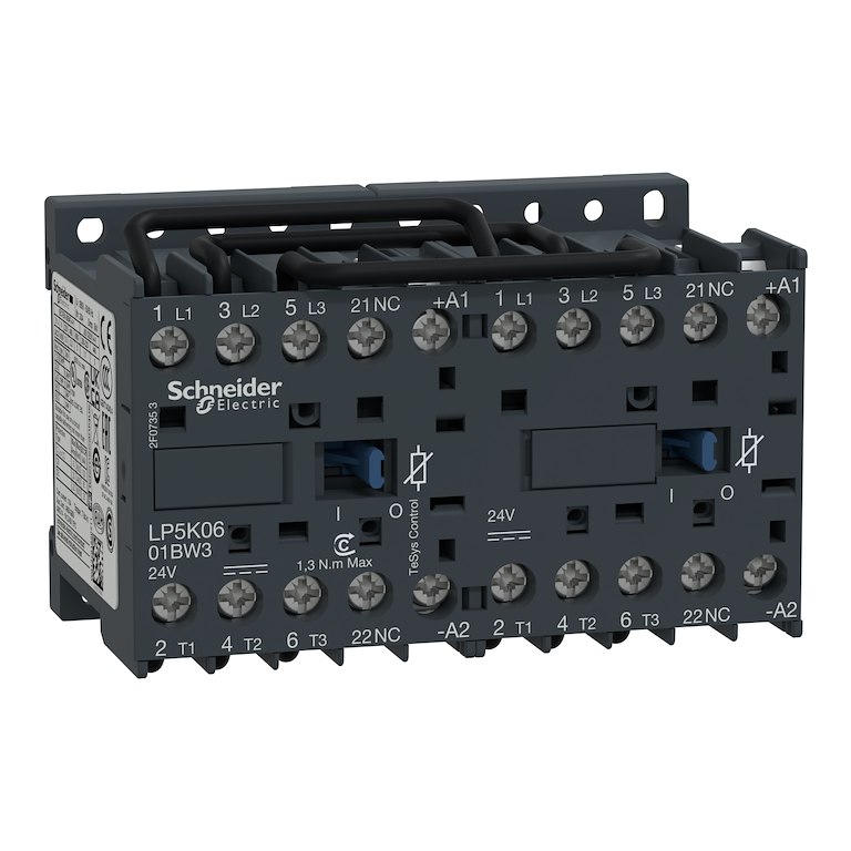 SE reversing Contactor, TeSys K, 3P, AC-3/AC-3e,440V 6A, 1NC, 24V DC low consumption coil