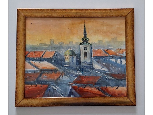 Slika - Krovovi grada, tehnika akvarel.