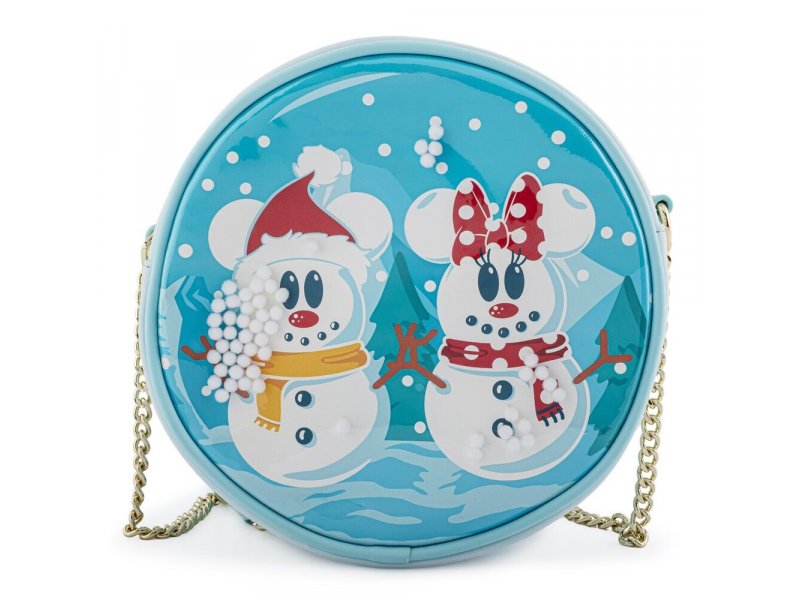 LOUNGEFLY DISNEY SNOWMAN MICKEY MINNIE SNOW GLOBE CROSSBODY BAG