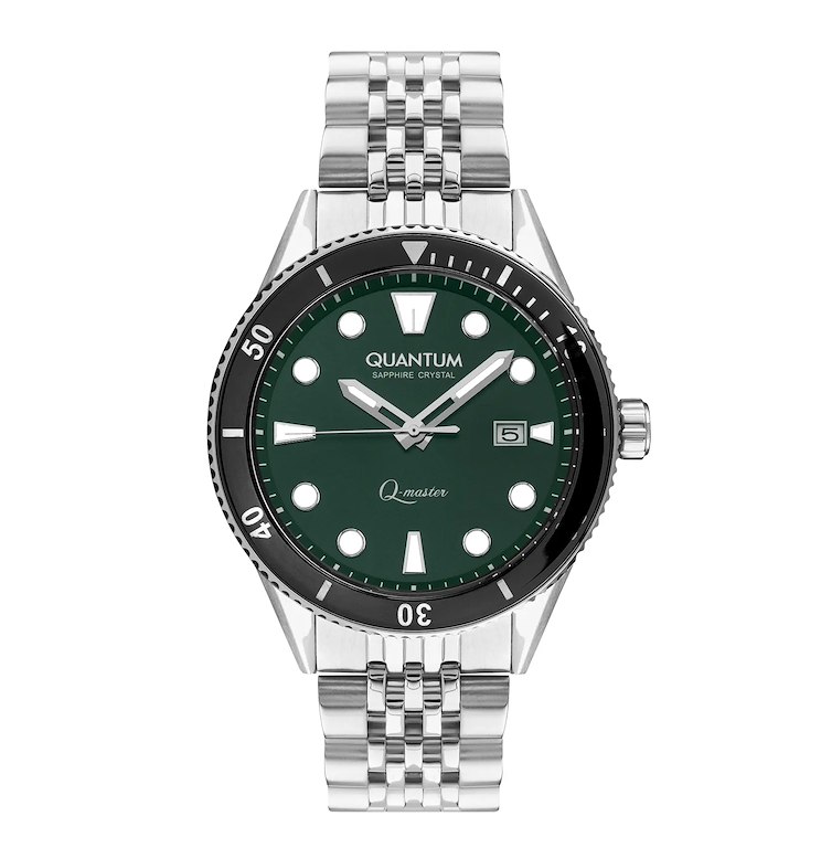 QUANTUM Muški ručni sat, Kvarcni mehanizam, 45mm, Zeleno kućište, Srebrne boje, QMG1024.370