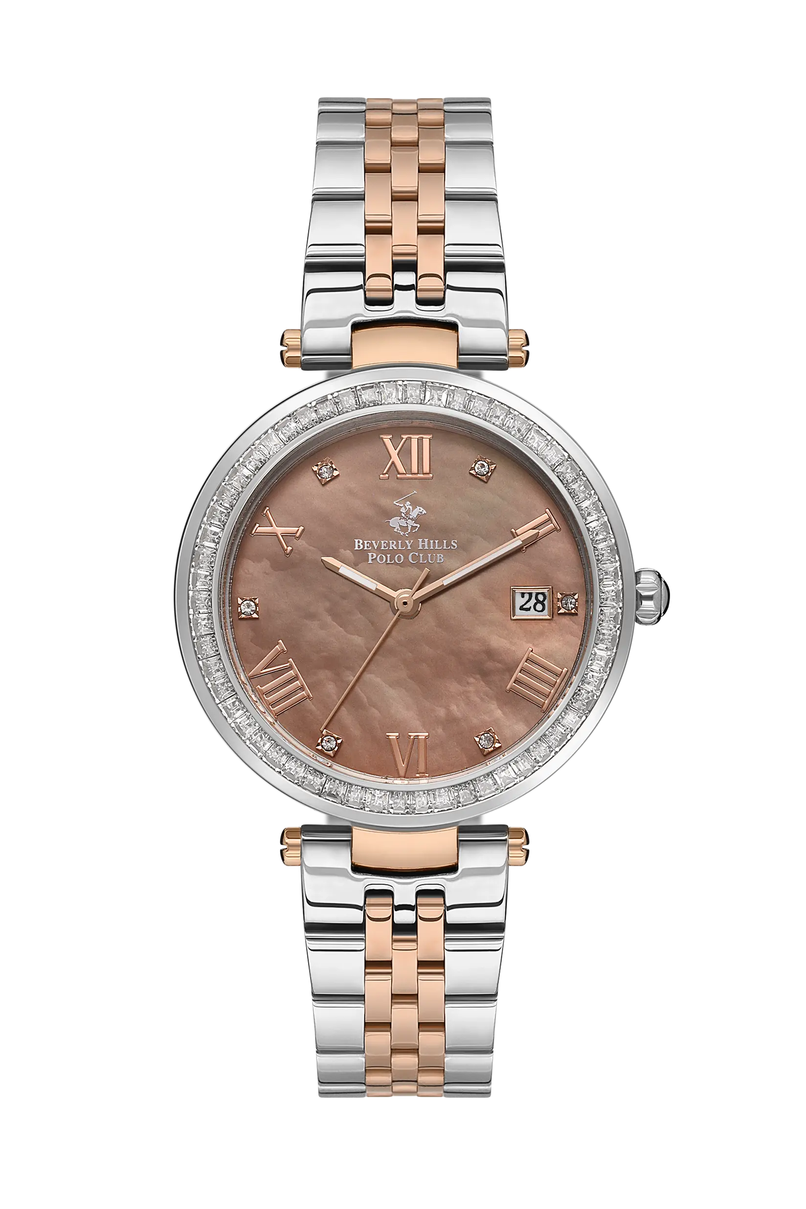 BEVERLY HILLS POLO CLUB Ženski ručni sat, Kvarcni mehanizam, 34mm, Braon kućište, Roze-zlatne boje, BP3583X.520