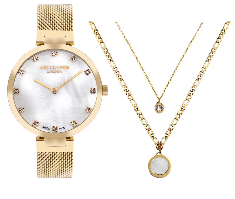 LEE COOPER Set ženski ručni sat i ogrlica, Kvarcni mehanizam, 36mm, Sedefasto kućište, Zlatne boje, LC07806.120