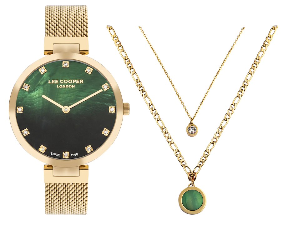 LEE COOPER Set ženski ručni sat i ogrlica, Kvarcni mehanizam, 36mm, Zeleno kućište, Zlatne boje, LC07806.270