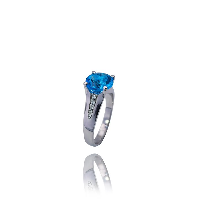 Ženski prsten od Belog zlata sa Brilijantima i Swiss blue topazom, 585, 16mm
