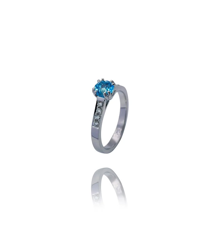 Ženski prsten od Belog zlata sa Brilijantima i Swiss blue topazom, 585, 20mm