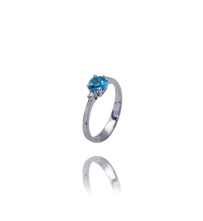 Ženski prsten od Belog zlata sa Brilijantima i Swiss blue topazom, 585, 12mm