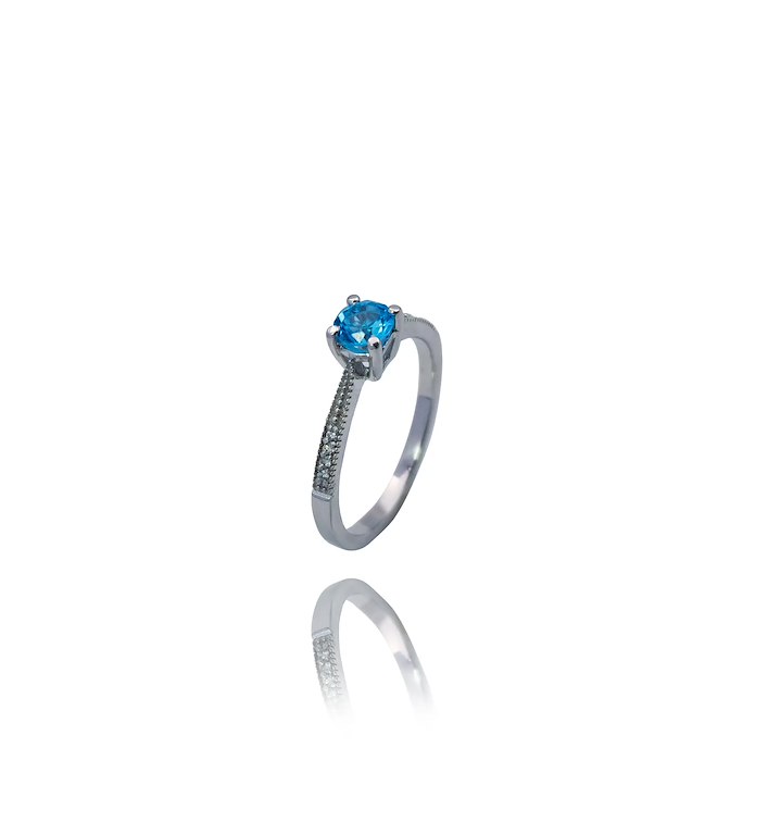 Ženski prsten od Belog zlata sa Brilijantima i Swiss blue topazom, 585, 17mm