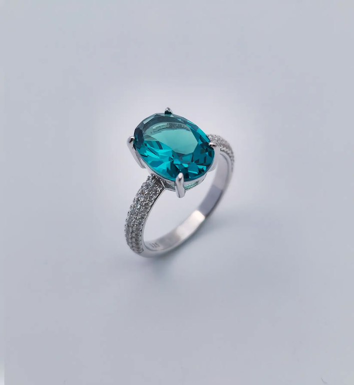 Ženski Srebrni prsten sa Cirkonima i Zelenim kamenom, 21mm