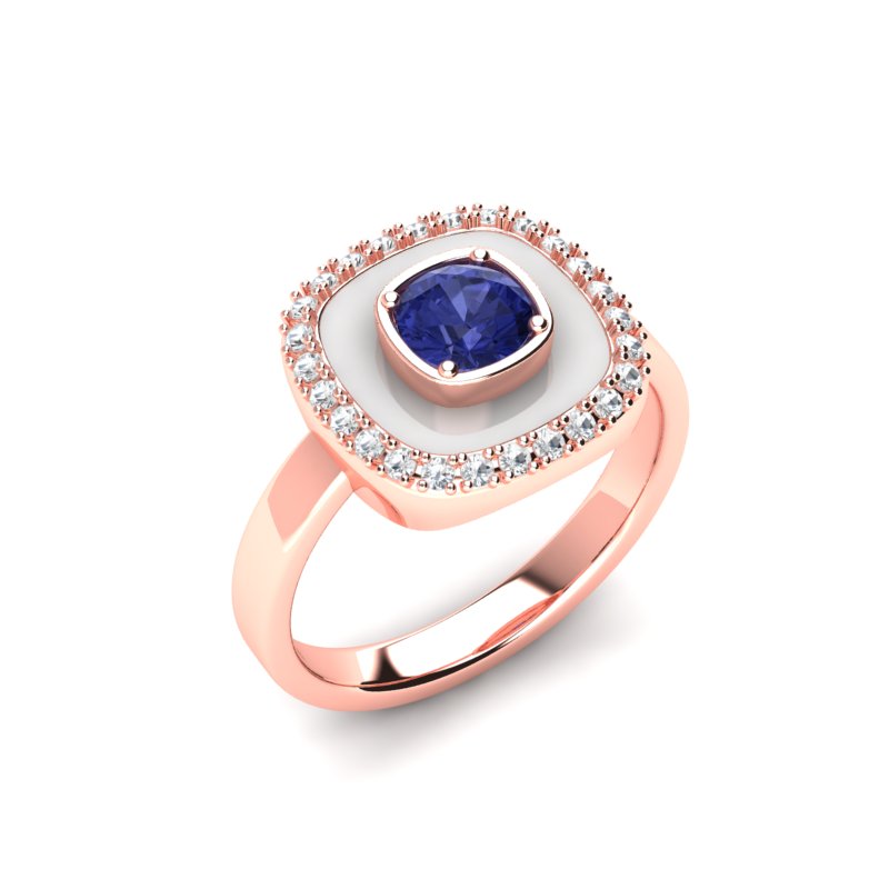 Prsten od crvenog zlata sa tanzanitom, dijamantima i belom vivom Amber
