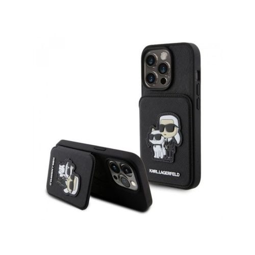 Karl Lagerfeld maska za iPhone 15 Pro SAFFIANO CARDSLOTS AND STAND K&C PATCH BLACK