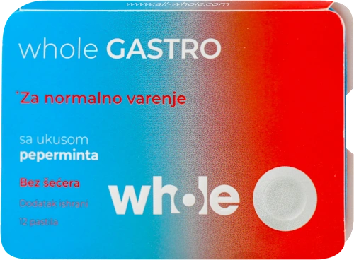 WHOLE
whole GASTRO pastile - sa ukusom peperminta, 12 kom
Dodatak ishrani