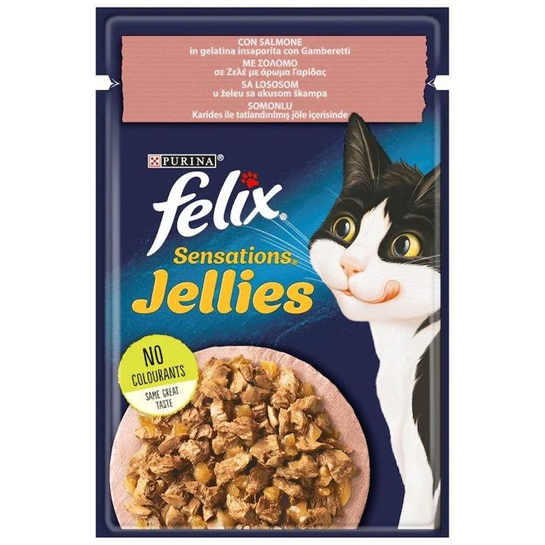 Felix Sensations Jellies kesica za macke, losos u zeleu sa ukusom kozica, 85gr