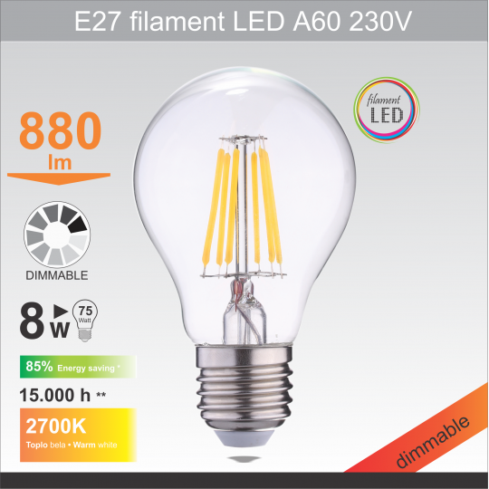 E27 filament dimabilna LED A60 8W 2700K