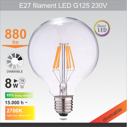 E27 filament dimabilna LED G125 8W 2700K