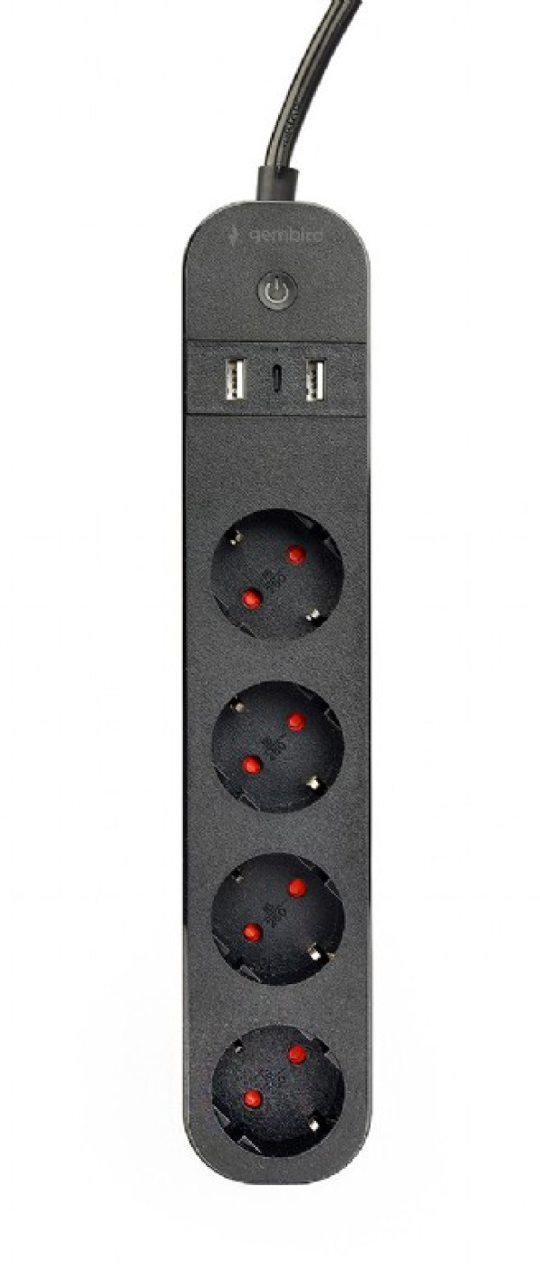 TSL-PS-S4U-01 Gembird pametni produzni kabl sa USB punjenjem, 4 uticnice, crni